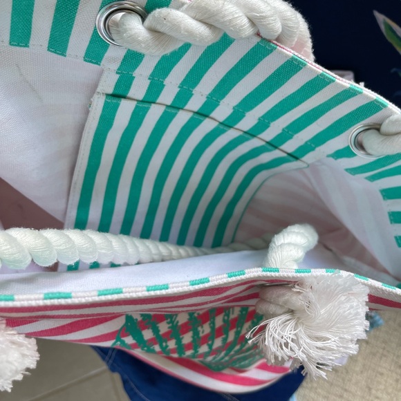 Bags | Pink White Striped Green Shell Beach Tote Bag | Poshmark